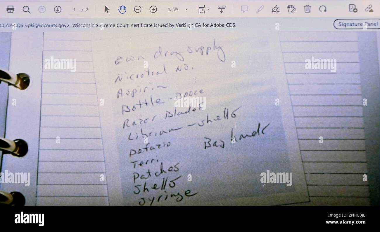 A list Mark Jensen made in 1998 is displayed on a television screen ...