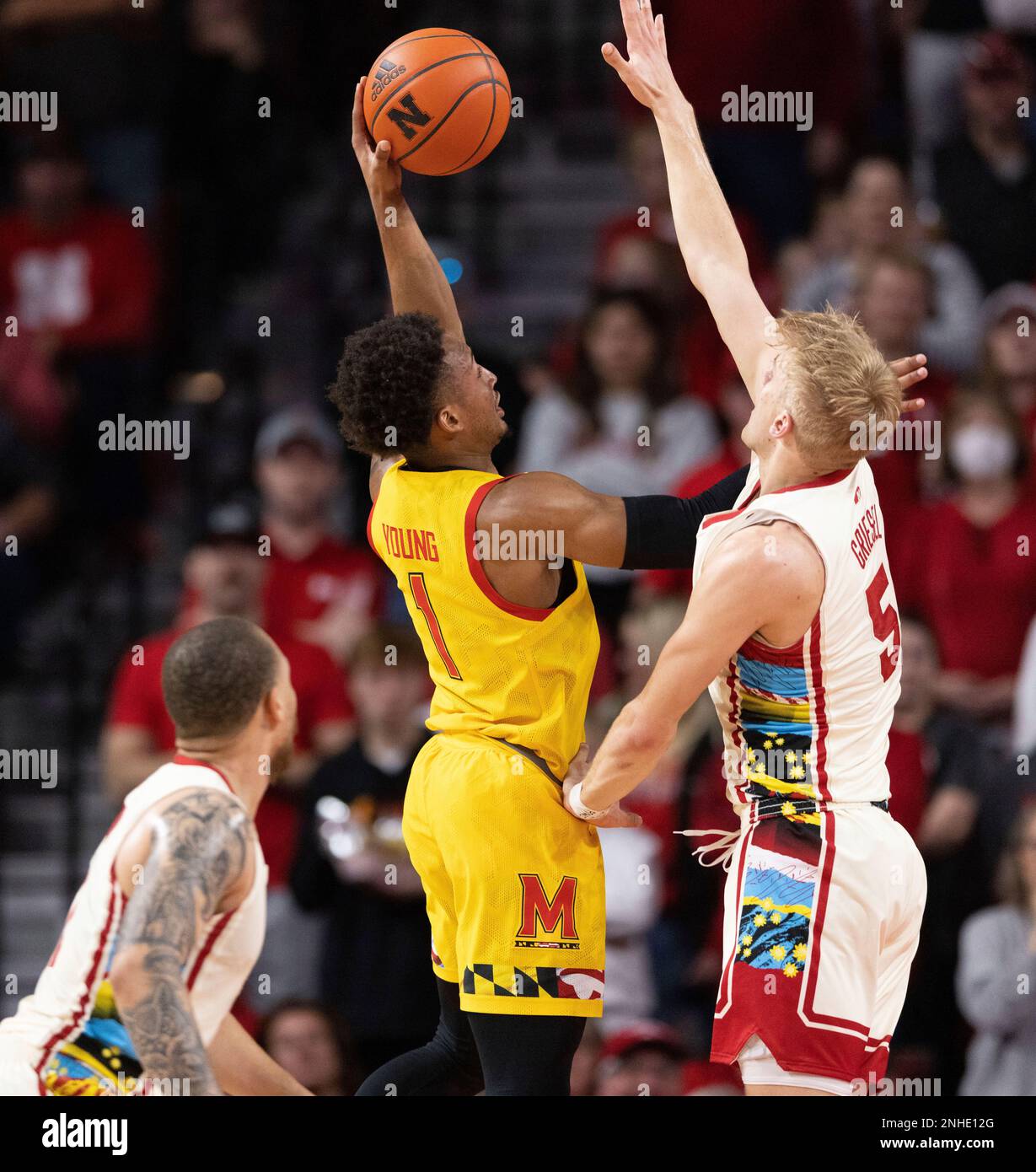 Maryland's Jahmir Young (1) shoots against Nebraska's Sam Griesel (5 ...
