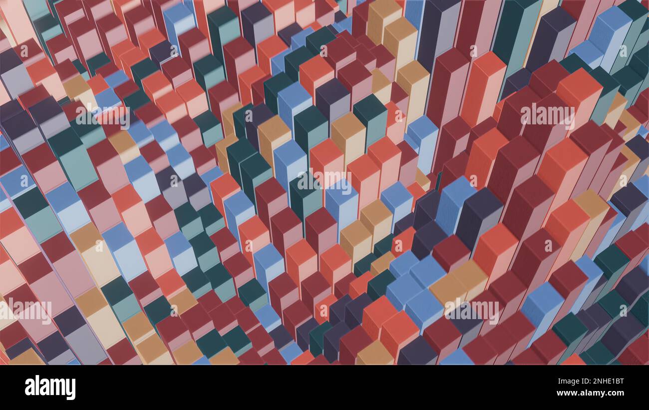 Blockchain technology. Multiple pastel red, yellow, blue, green, cubes ...