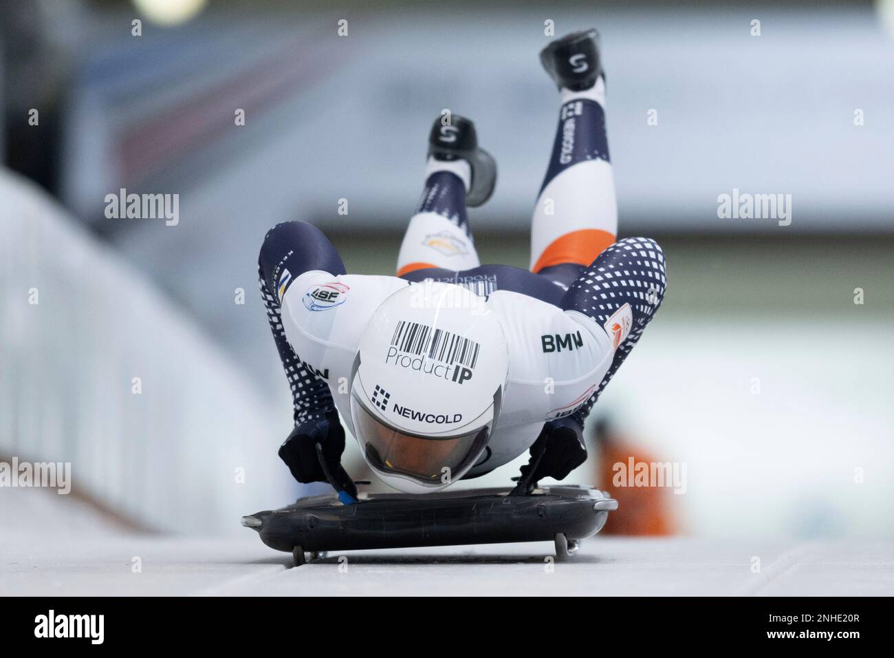 Third placed Kimberley Bos from the Netherlands jumps on her skeleton ...