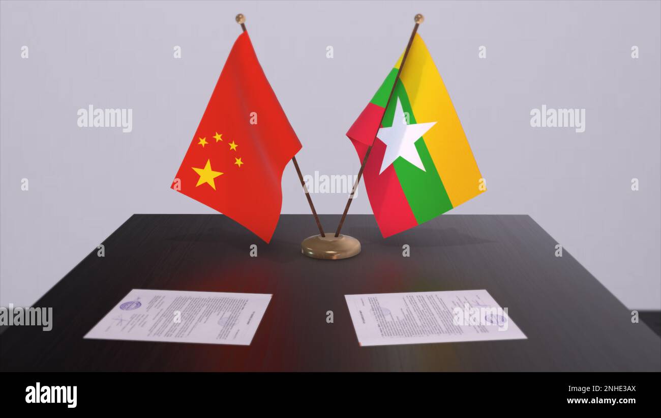 Myanmar and China flag. Politics concept, partner deal between ...