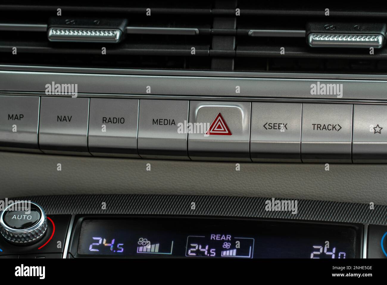 Emergency button in car, hazard light. Close up of car emergency button ...