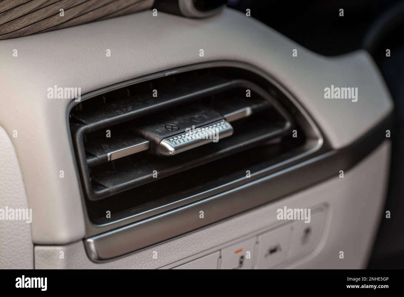 Car air conditioning. The air flow inside the car. Detail interior of a ...