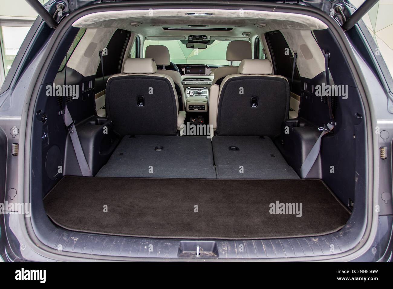 Huge, clean and empty car trunk in interior of compact suv. Rear view ...
