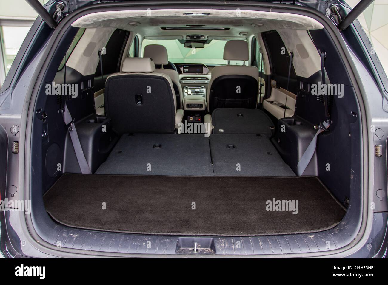 Huge, clean and empty car trunk in interior of compact suv. Rear view ...