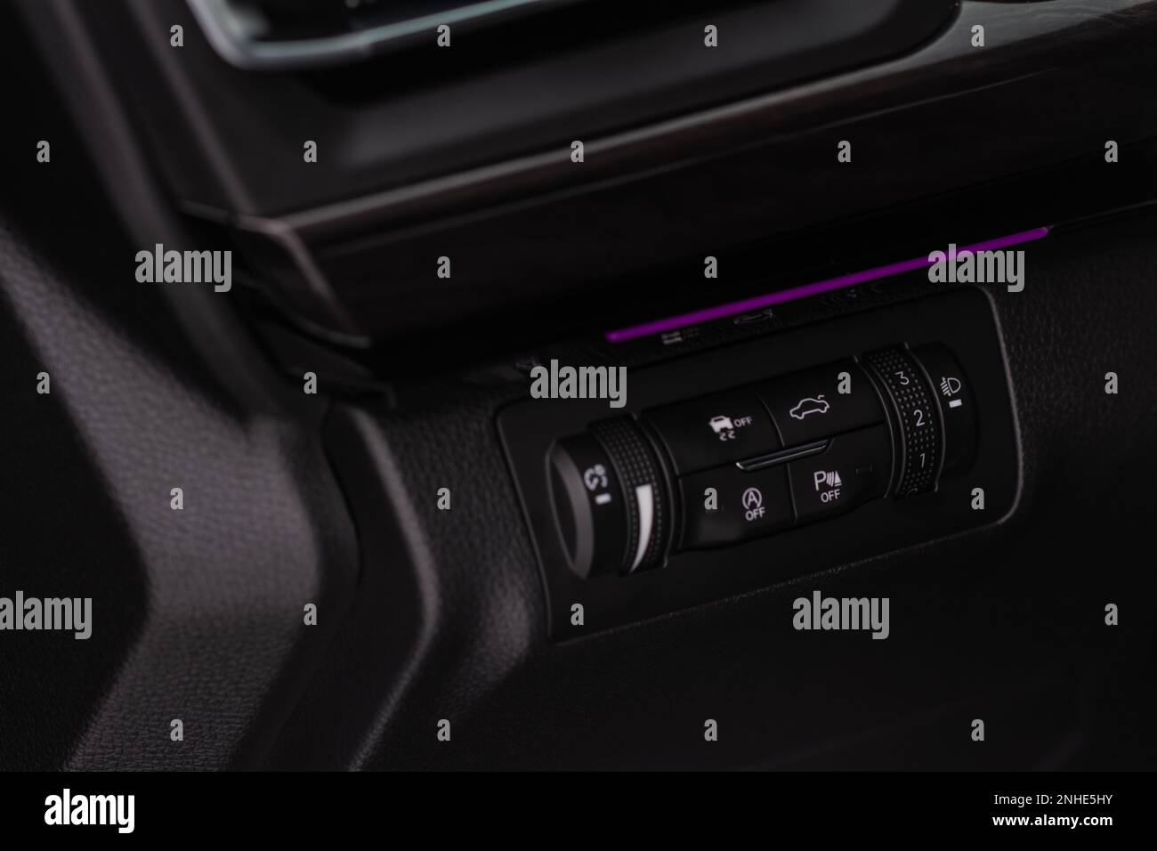 Close up view of modern car electronic safety systems control panel ...