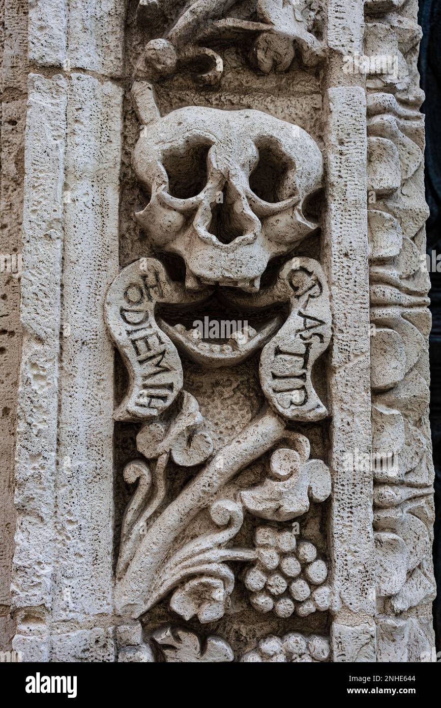 Skull, stone relief at the Chiesa Rettoria Santa Maria del Suffragio ...