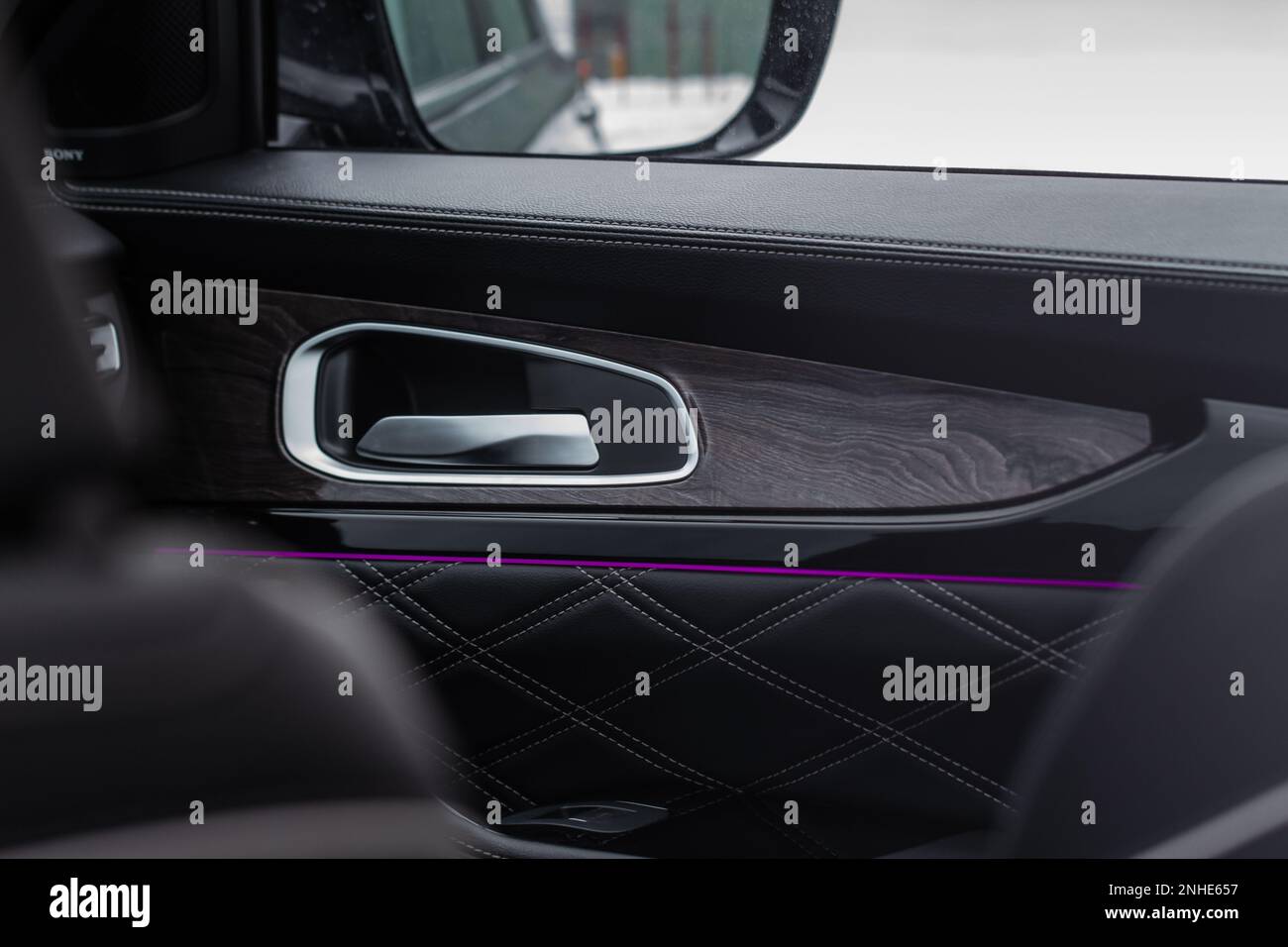 Modern car interior details. Car wooden panel. Interior of prestige ...