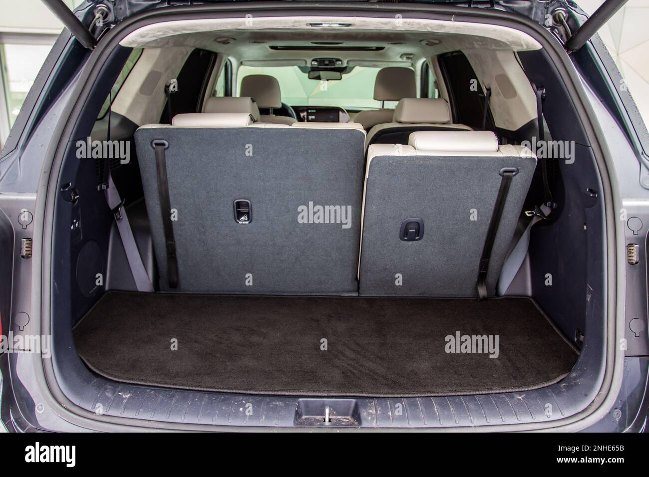 Huge, clean and empty car trunk in interior of compact suv. Rear view ...