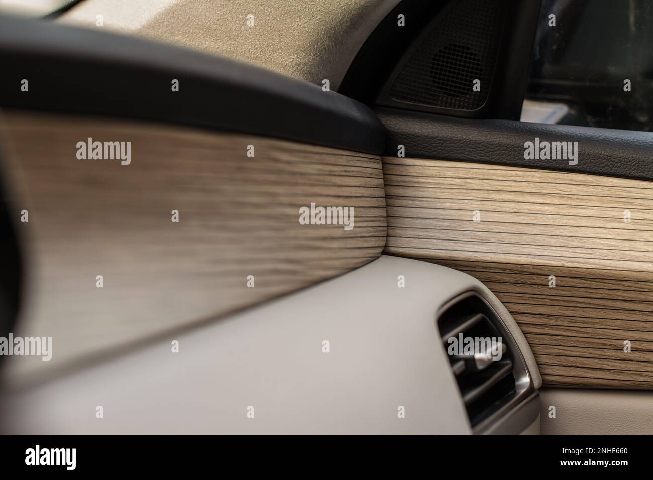 Modern car interior details. Car wooden panel. Interior of prestige ...