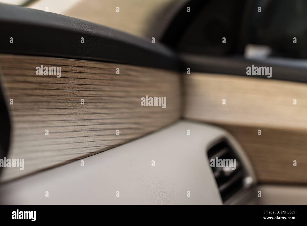 Modern car interior details. Car wooden panel. Interior of prestige ...
