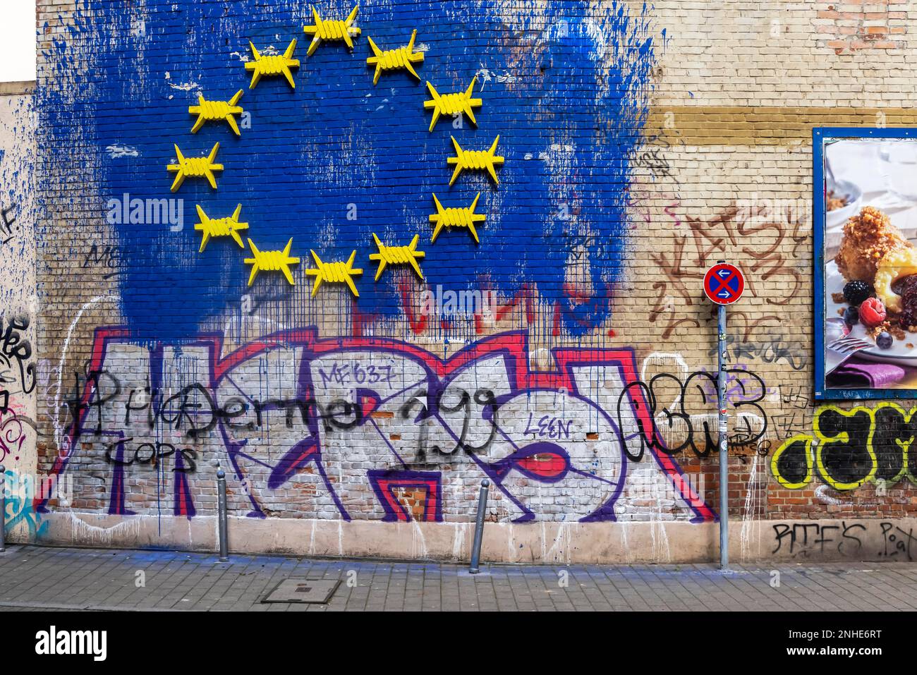European flag, graffiti with barbed wire as a protest against European ...