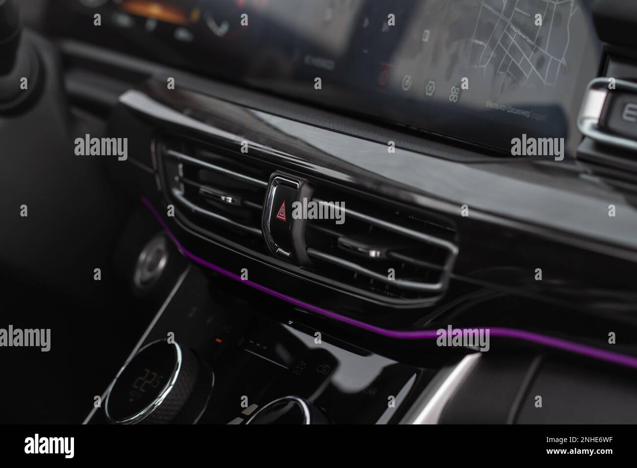 Red triangle hazard light button on car dashboard. Car media buttons ...