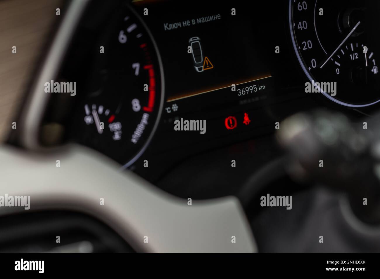 Close up shot with the digital car dashboard. Illuminated car dashboard ...