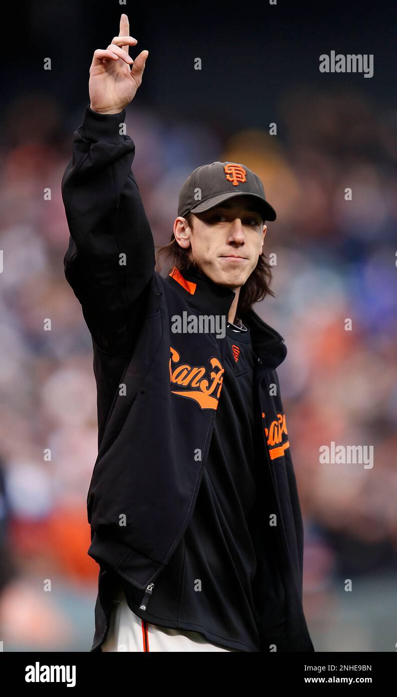 Tim Lincecum is honored for his second Cy Young award in a pre-game ...