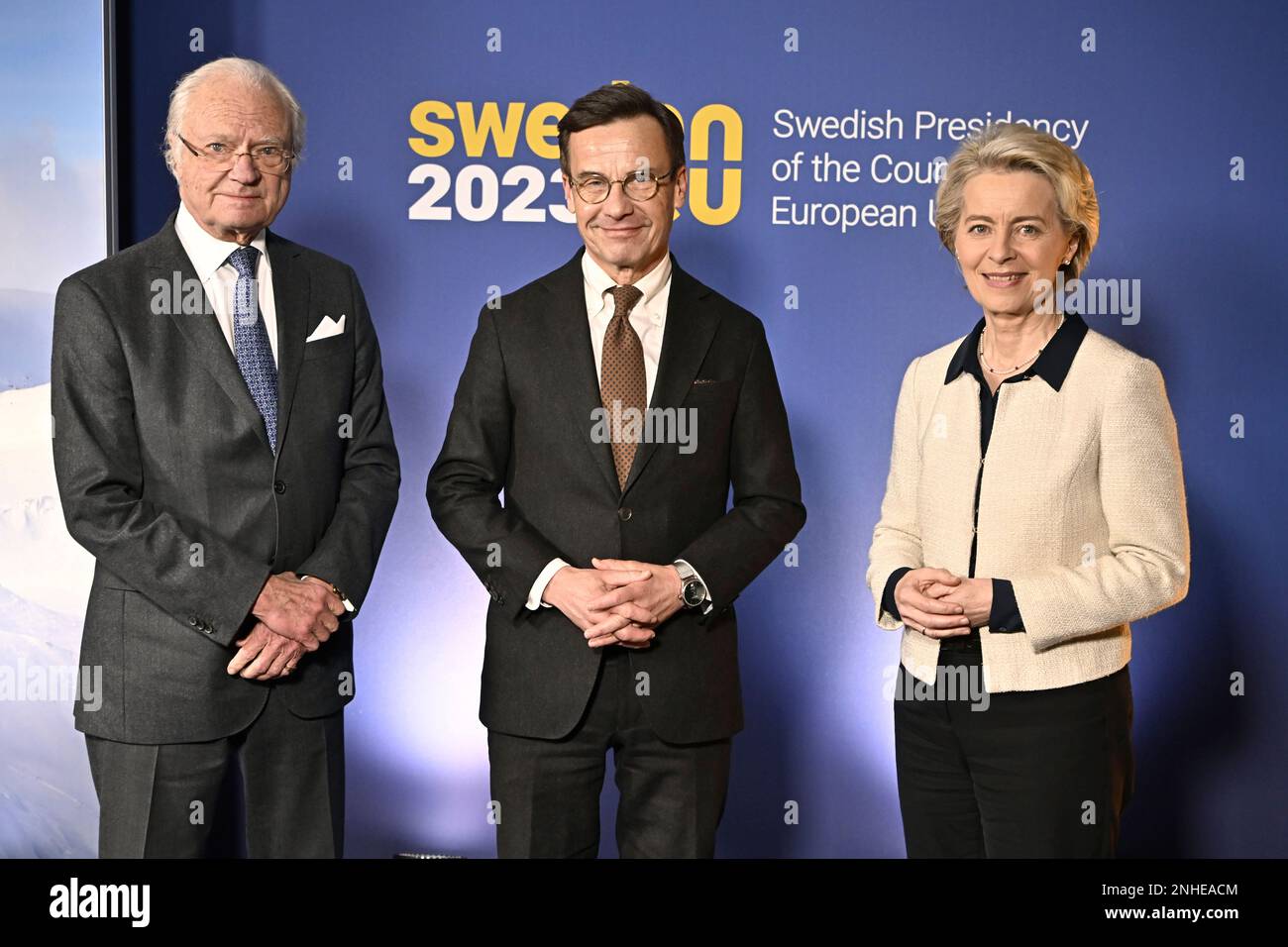 Sweden's King Carl Gustaf, left, poses for a photo with Sweden's Prime Minister Ulf Kristersson ...