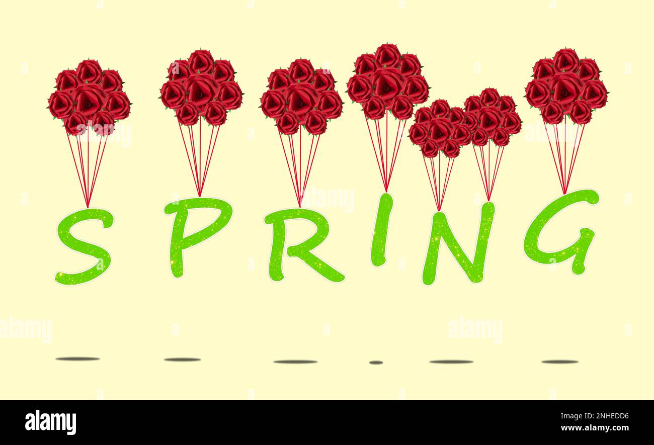 spring green letters, flying with rose balloons, creative spring ...