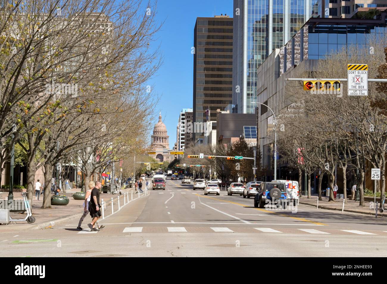 Austin, Texas, USA - February 2023: People crosssing one of the main ...