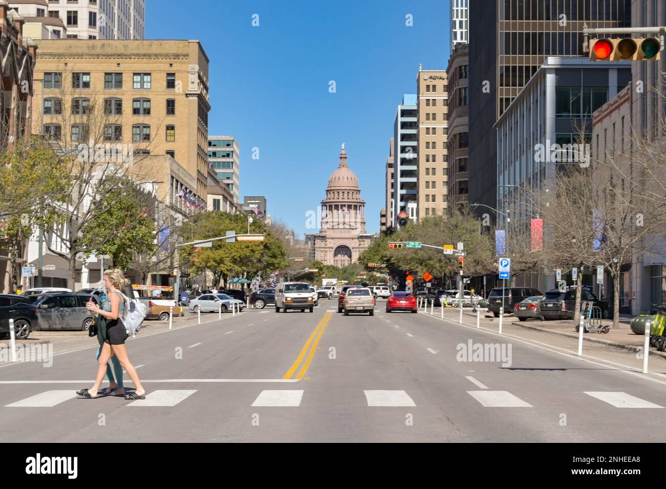 Austin, Texas, USA - February 2023: People crosssing one of the main ...