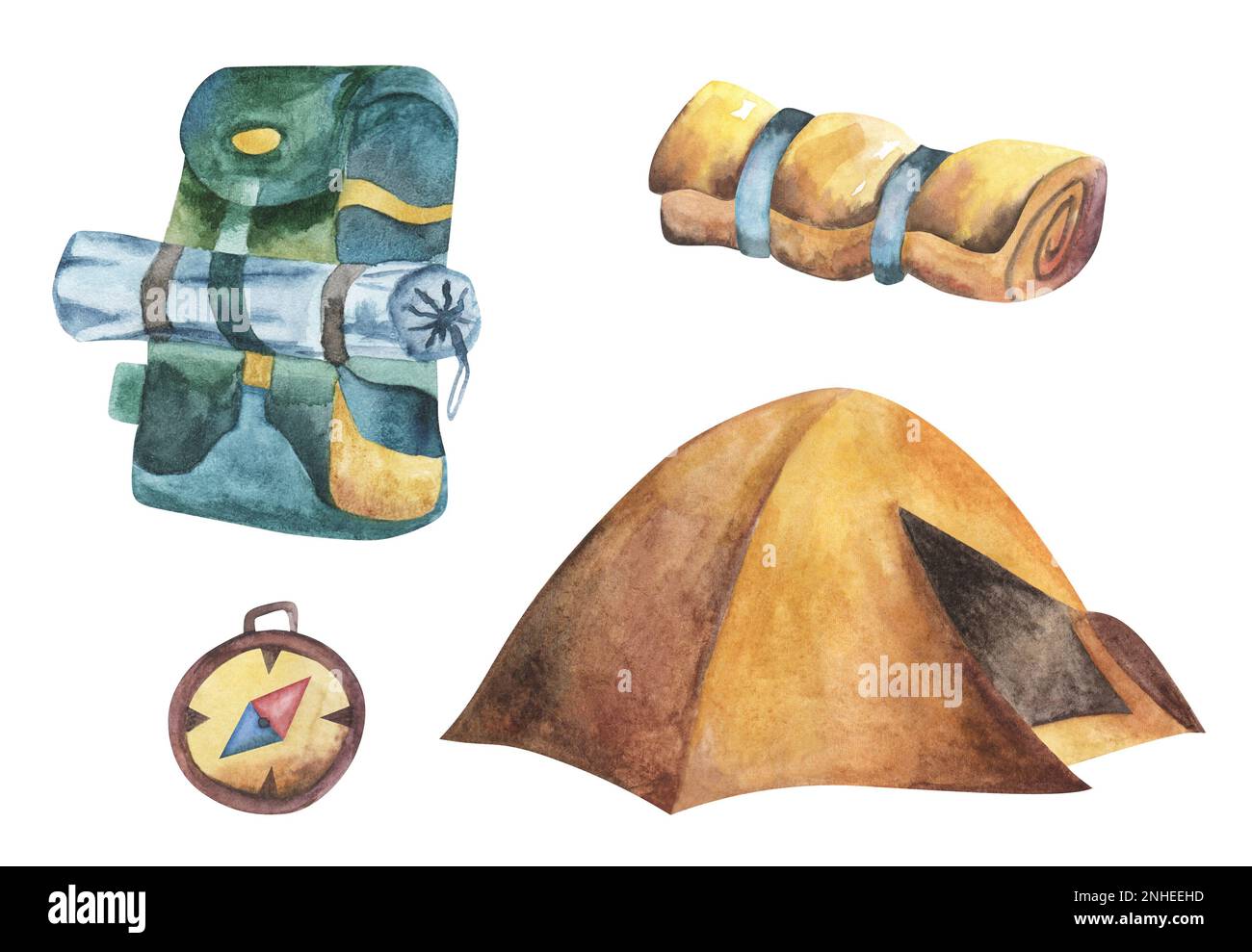 Camping set. hand drawn watercolor illustration. backpack Stock Photo ...