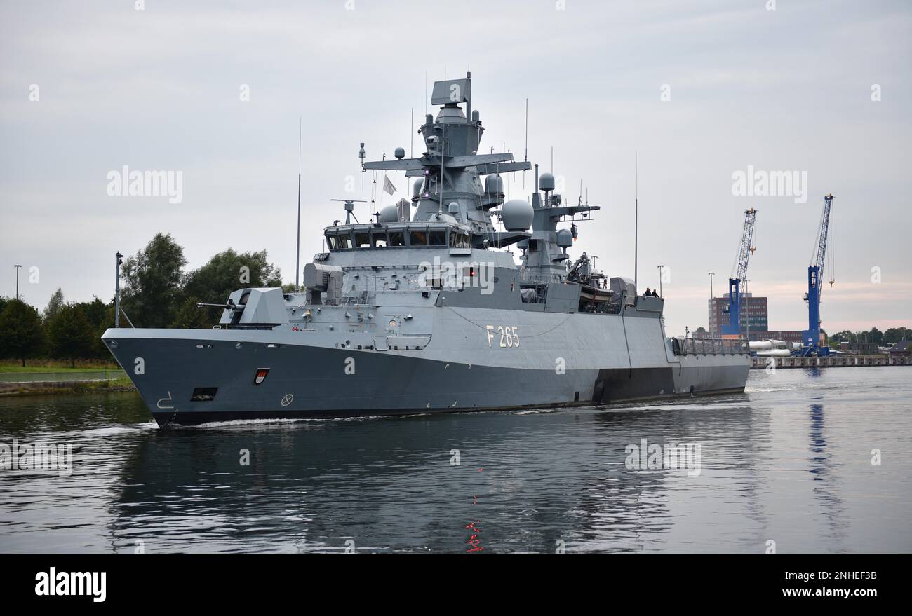 German Navy corvette Koeln F 265 in the Kiel Canal, Schleswig-Holstein ...