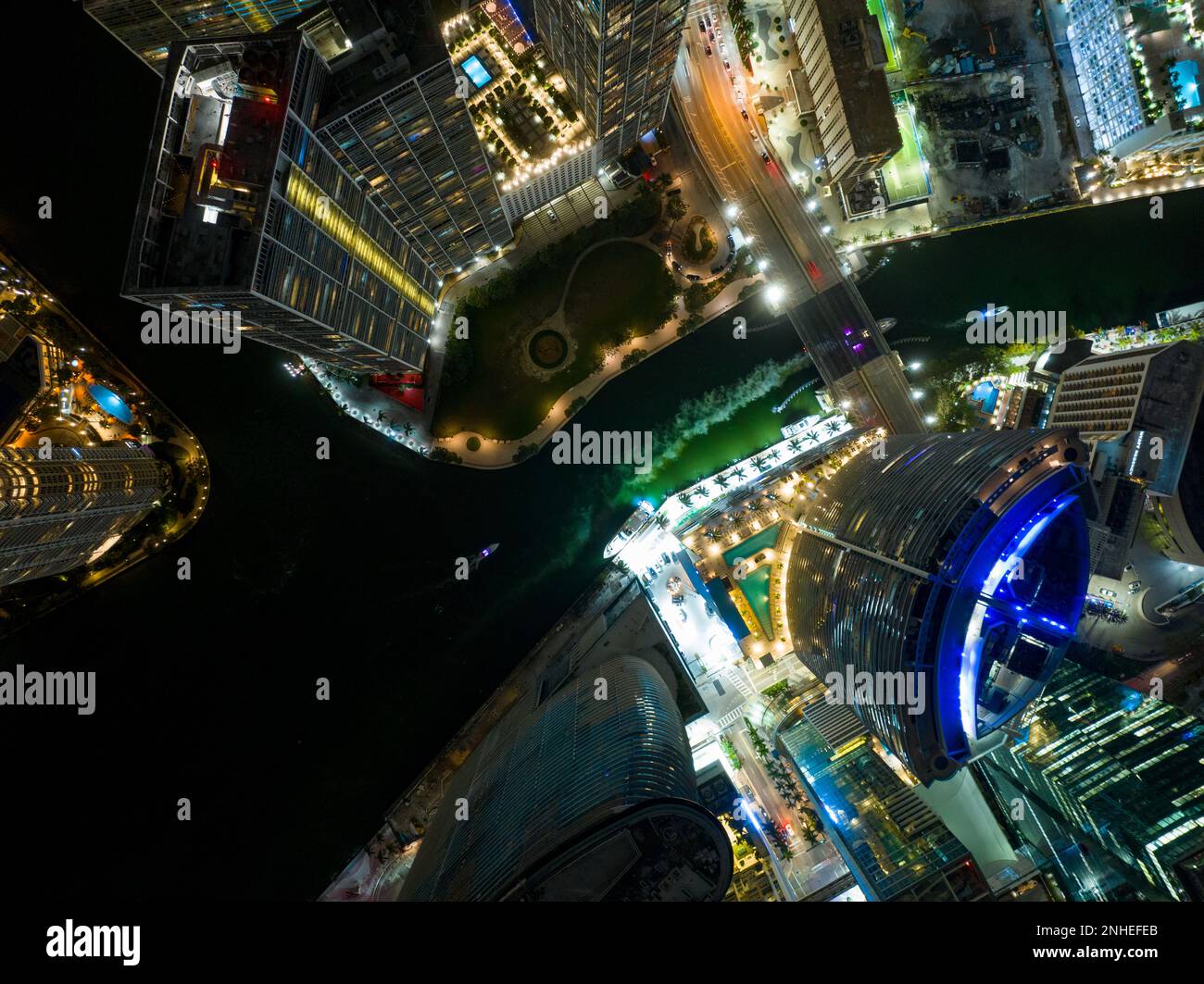 Night aerial photo Miami River between Downtown Miami and Brickell ...