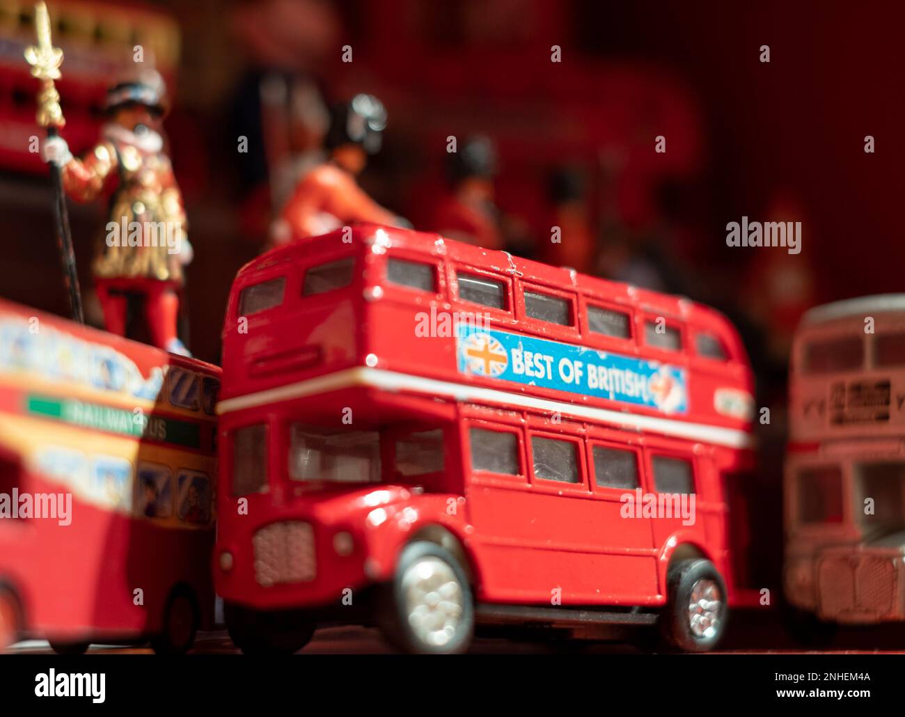 Model of vintage red double decker London bus with slogan 'Best of ...