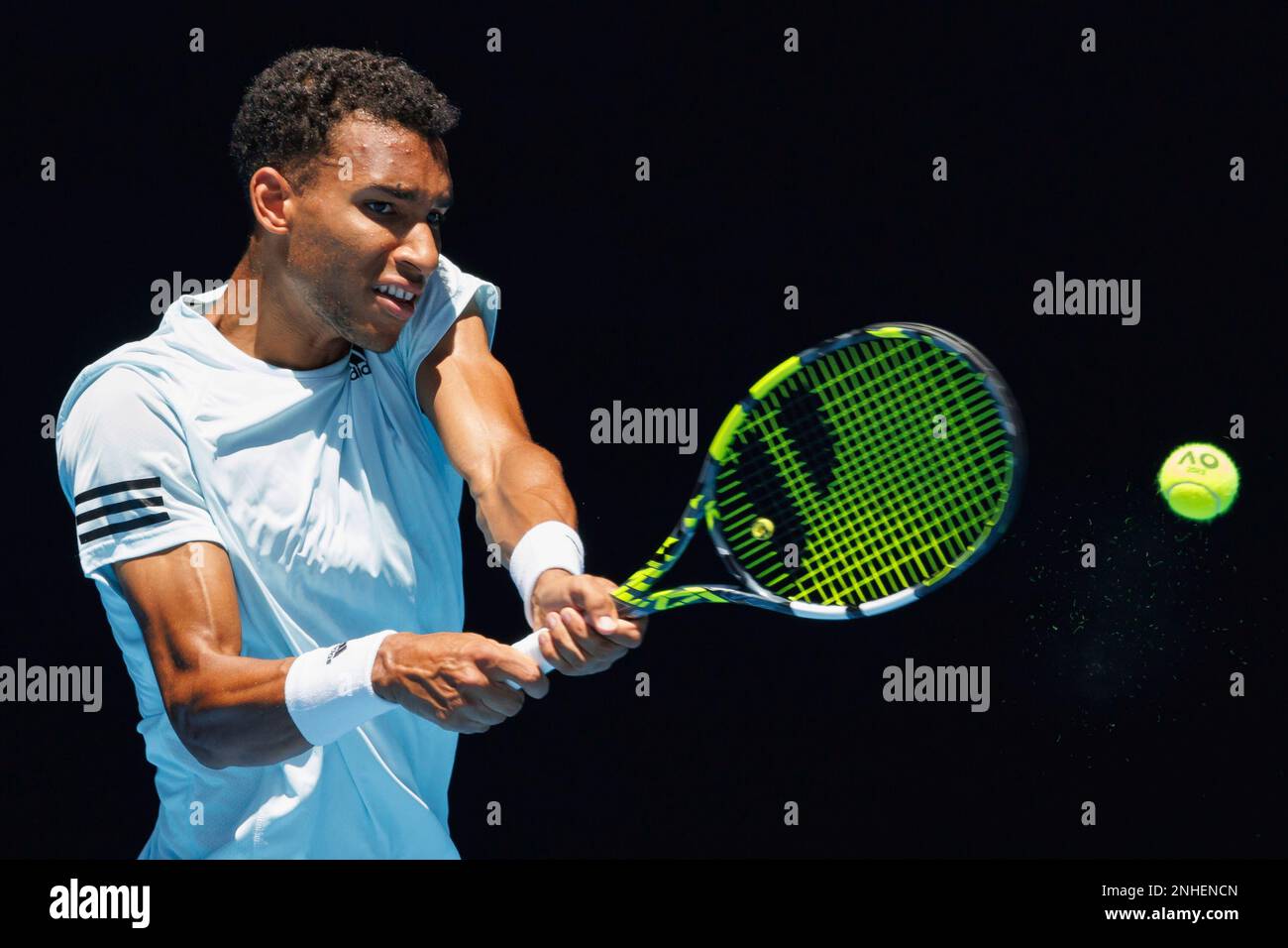 January 11, 2023: Felix Auger Aliassime practising on Rod Laver Arena ...