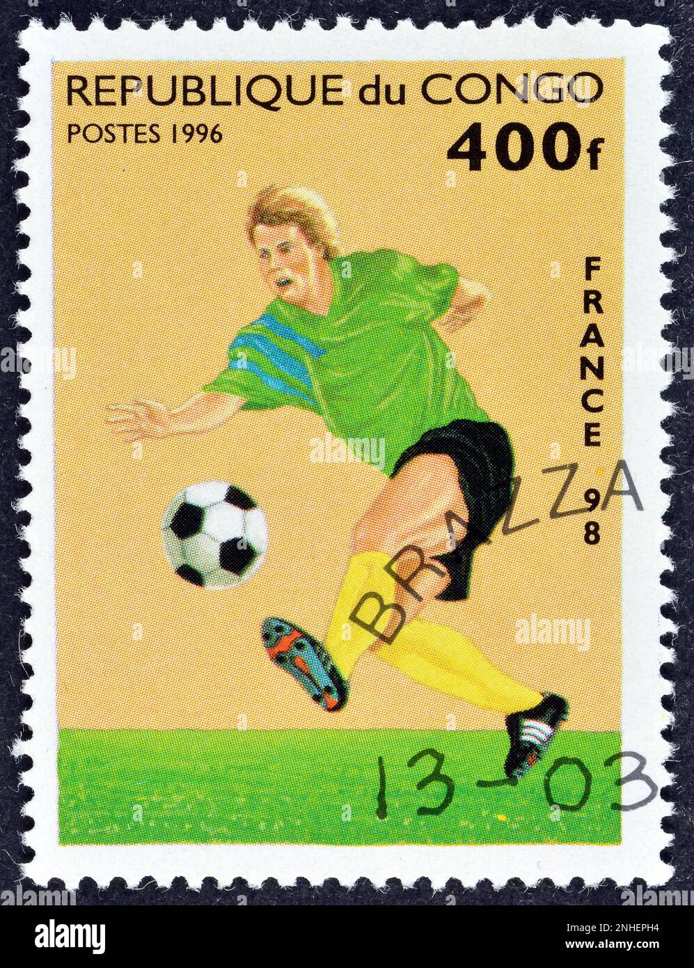 Cancelled postage stamp printed by Congo, that shows Football player ...