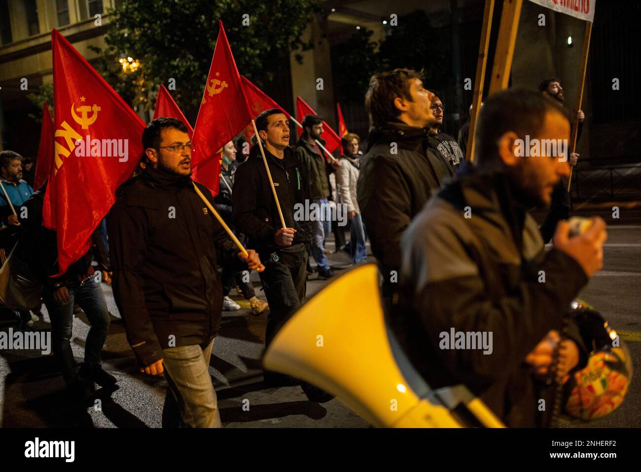 Athen, Greece. 21st Feb, 2023. Members of left-wing groups and trade ...