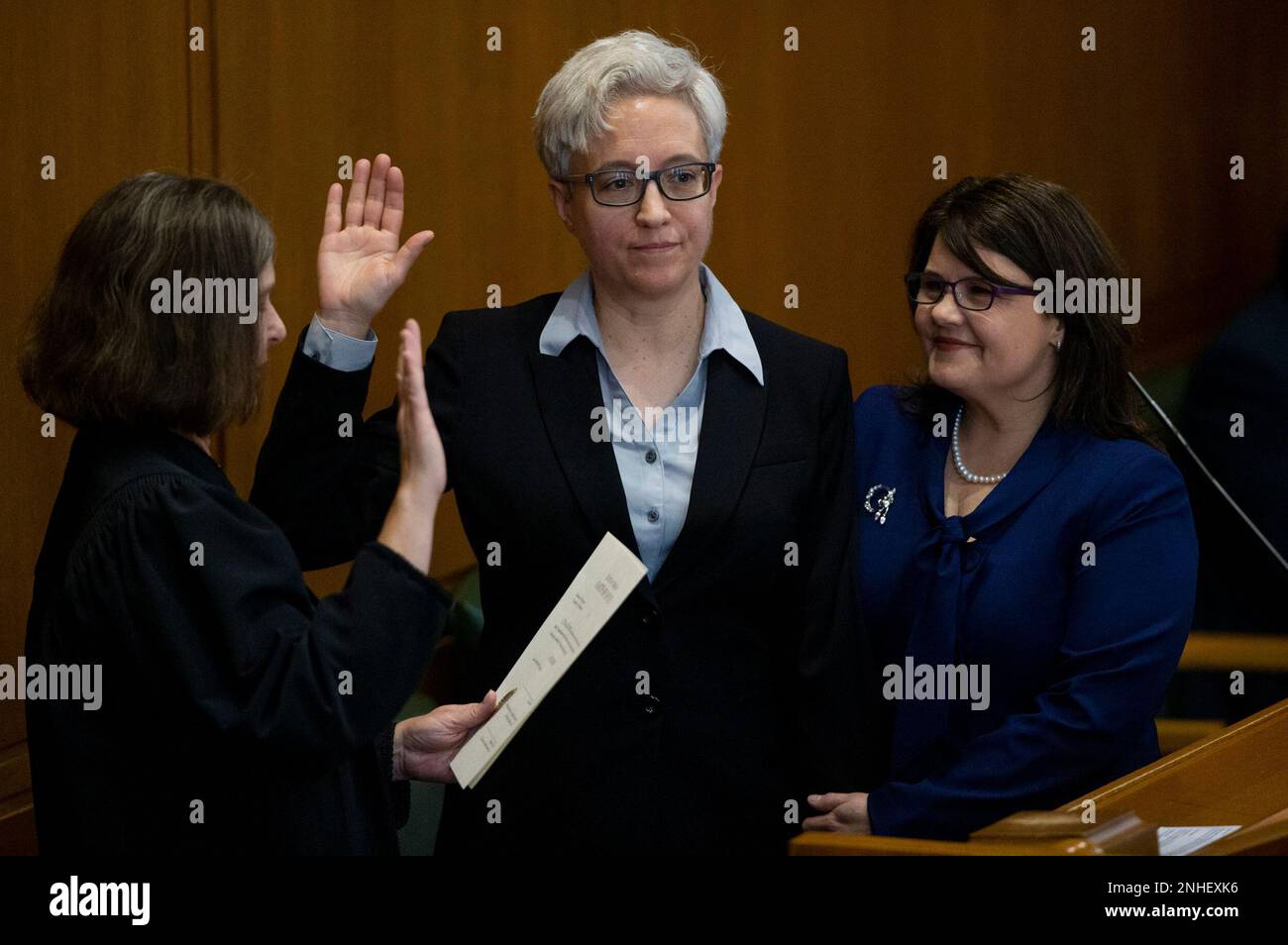 Tina Kotek, center, was accompanied by her wife Aimee Wilson, right, as ...