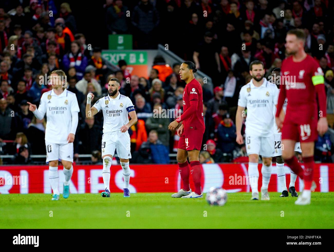 Real Madrid's Karim Benzema celebrates scoring their side's fourth goal ...