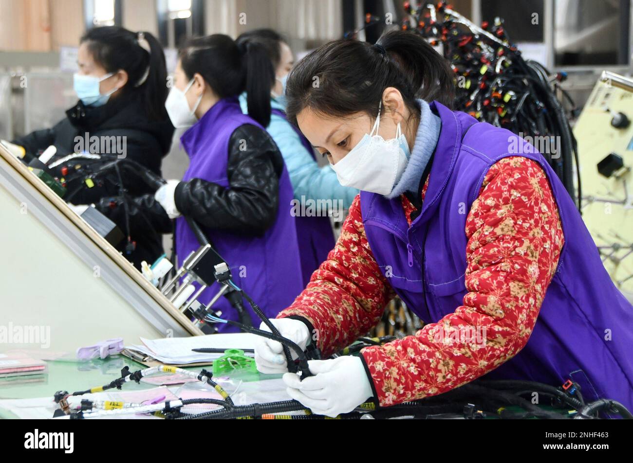 Workers labor on the assembly line of automotive cables in Handan city ...
