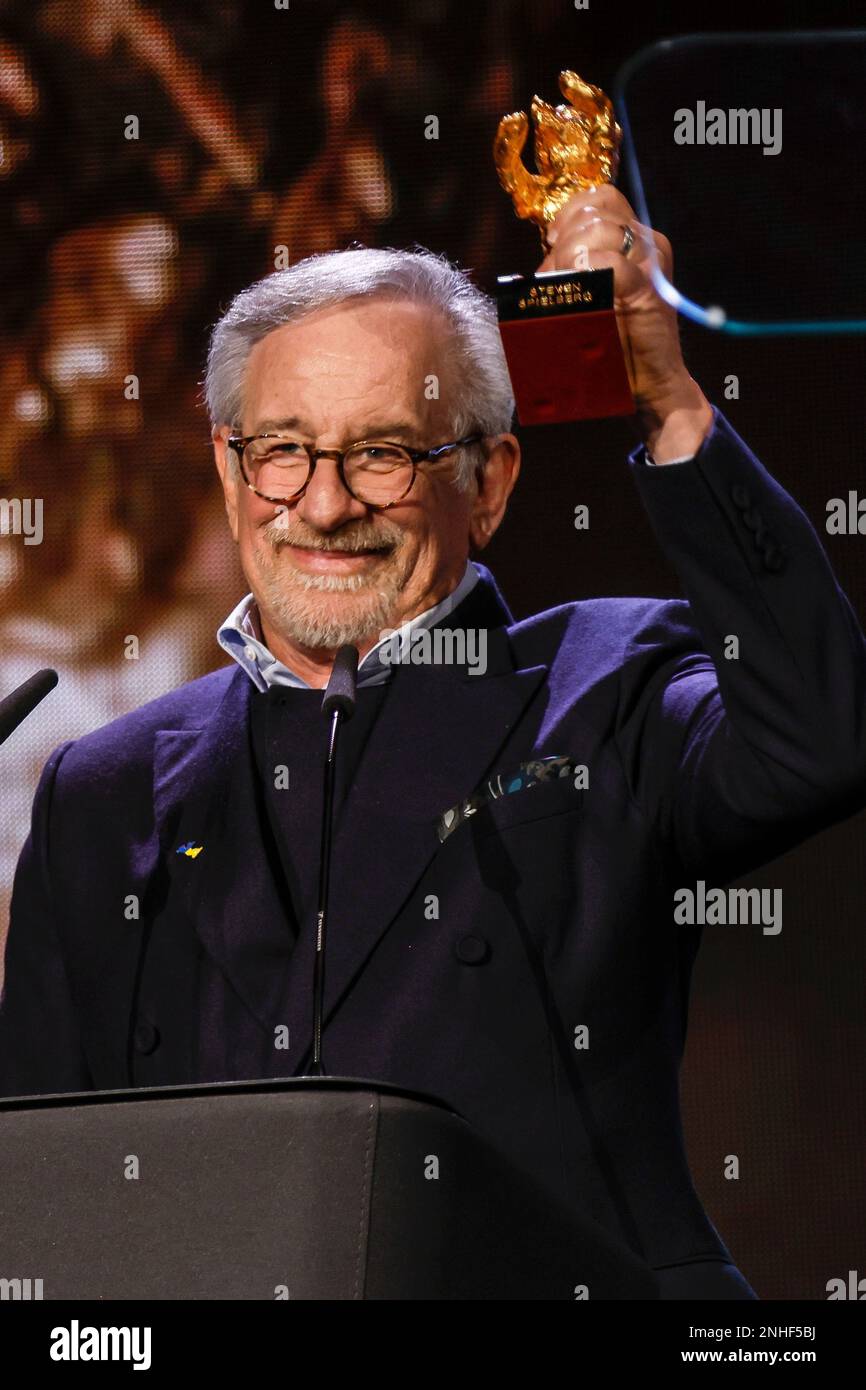Steven Spielberg holds his honorary Golden Bear presented during the ...