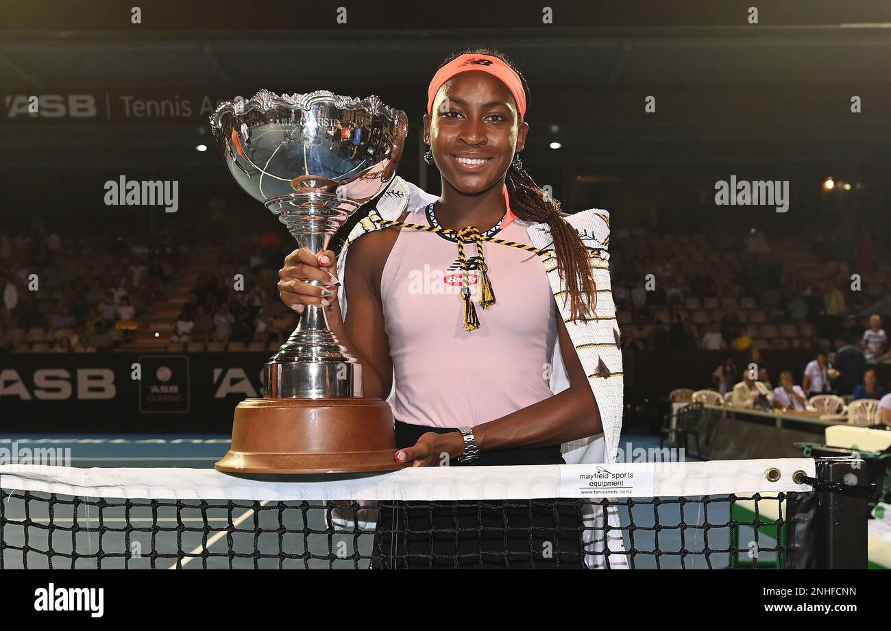 USA's Coco Gauff poses for a photo with her trophy after she beat Spain ...