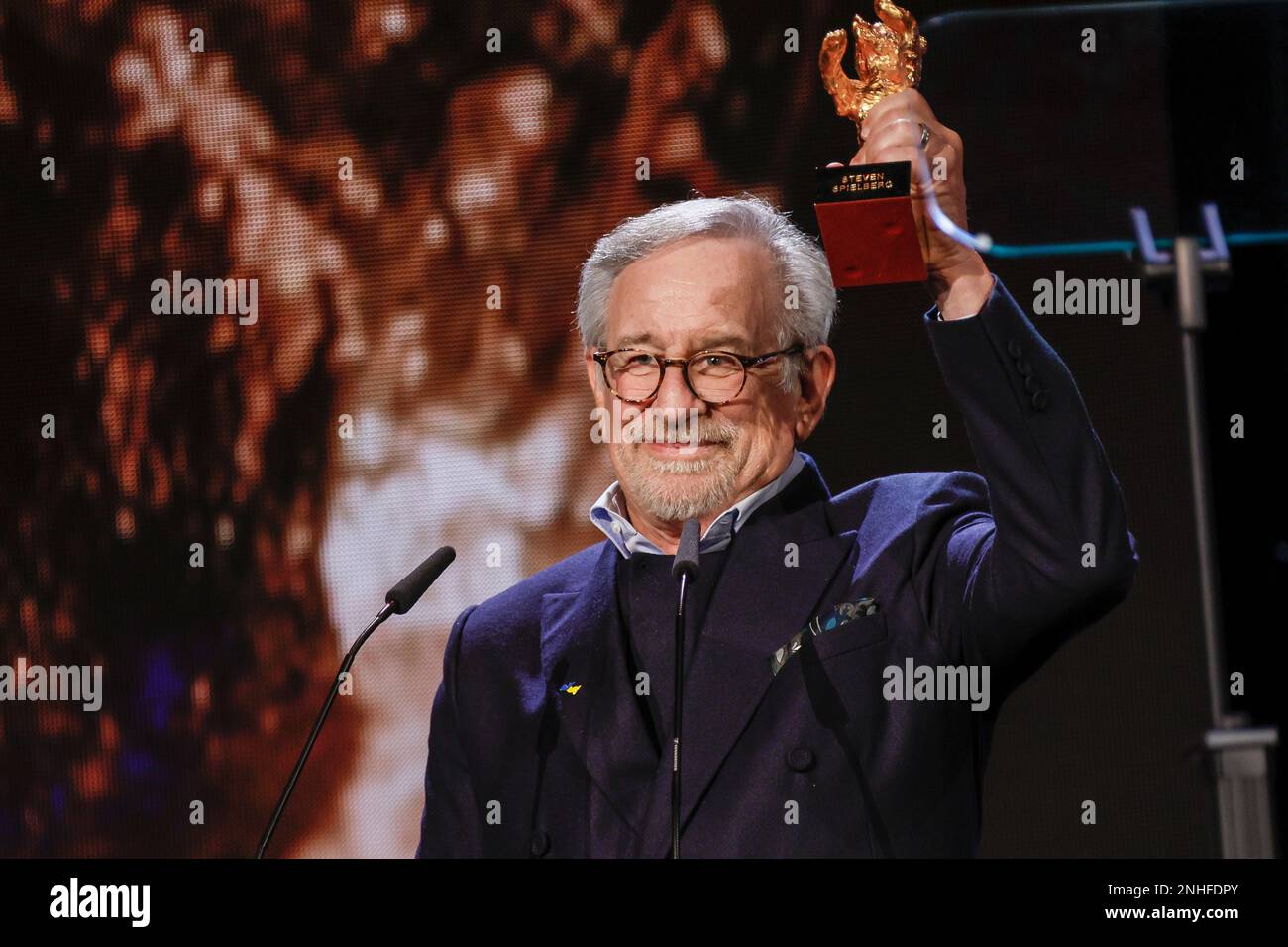 Steven Spielberg holds his honorary Golden Bear presented during the ...
