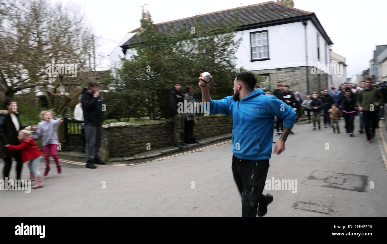 Cornwall, UK. 21st Feb, 2023. Traditional Hurling of the Silver Ball on ...