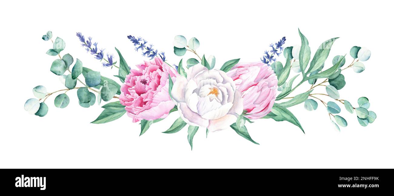 Watercolor garland peony bouquet isolated on white background. White ...