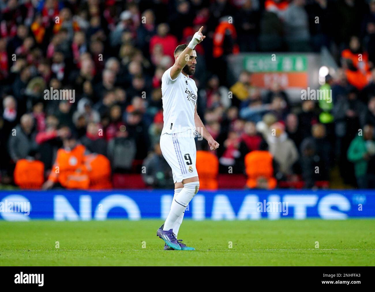 Real Madrid's Karim Benzema celebrates scoring their side's fifth goal ...