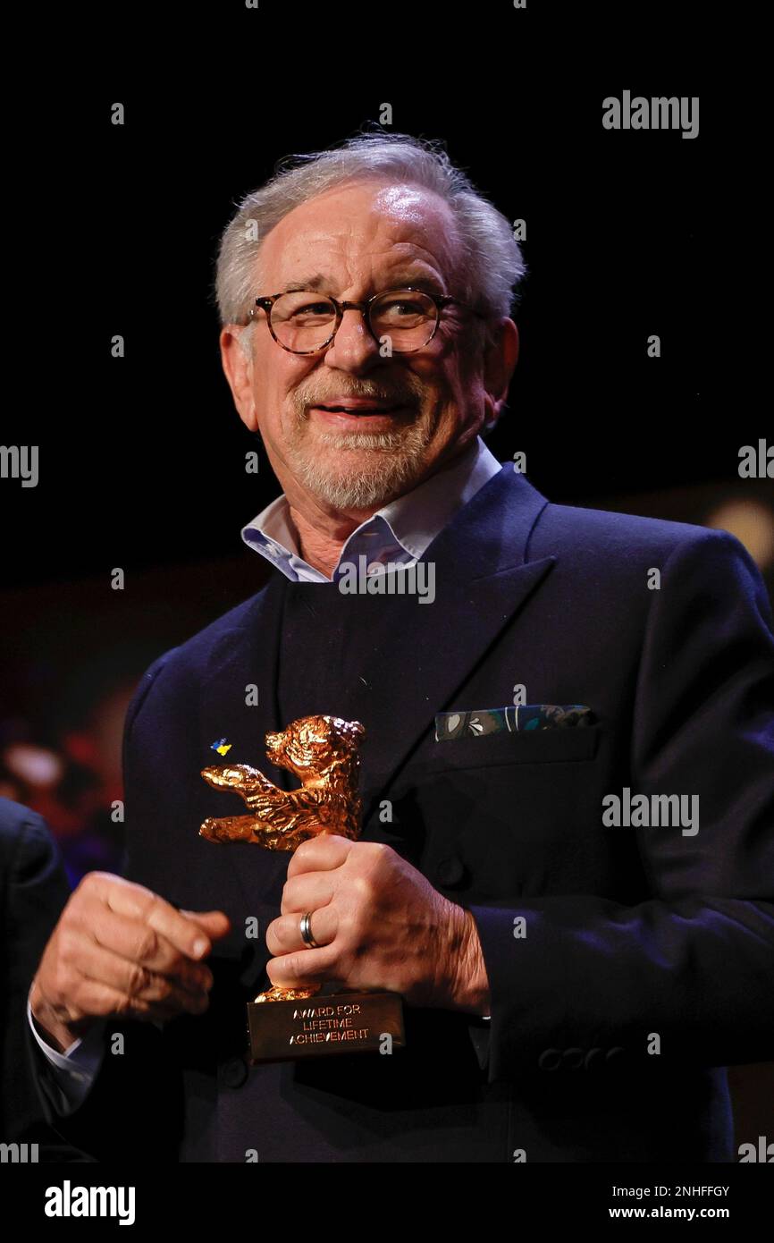 Steven Spielberg holds his honorary Golden Bear presented during the ...