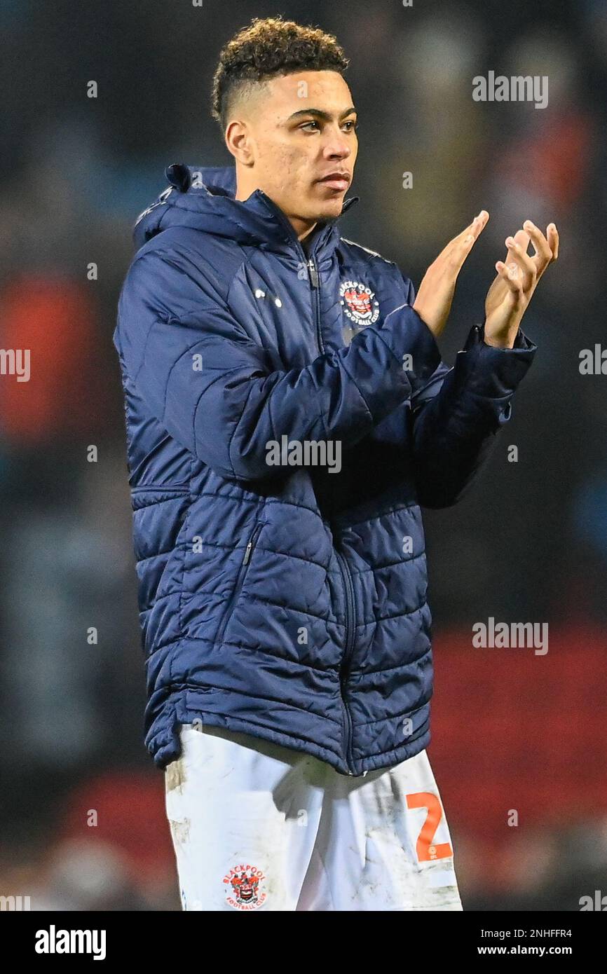 Morgan Rogers #25 of Blackpool applauds the travelling Blackpool fans ...