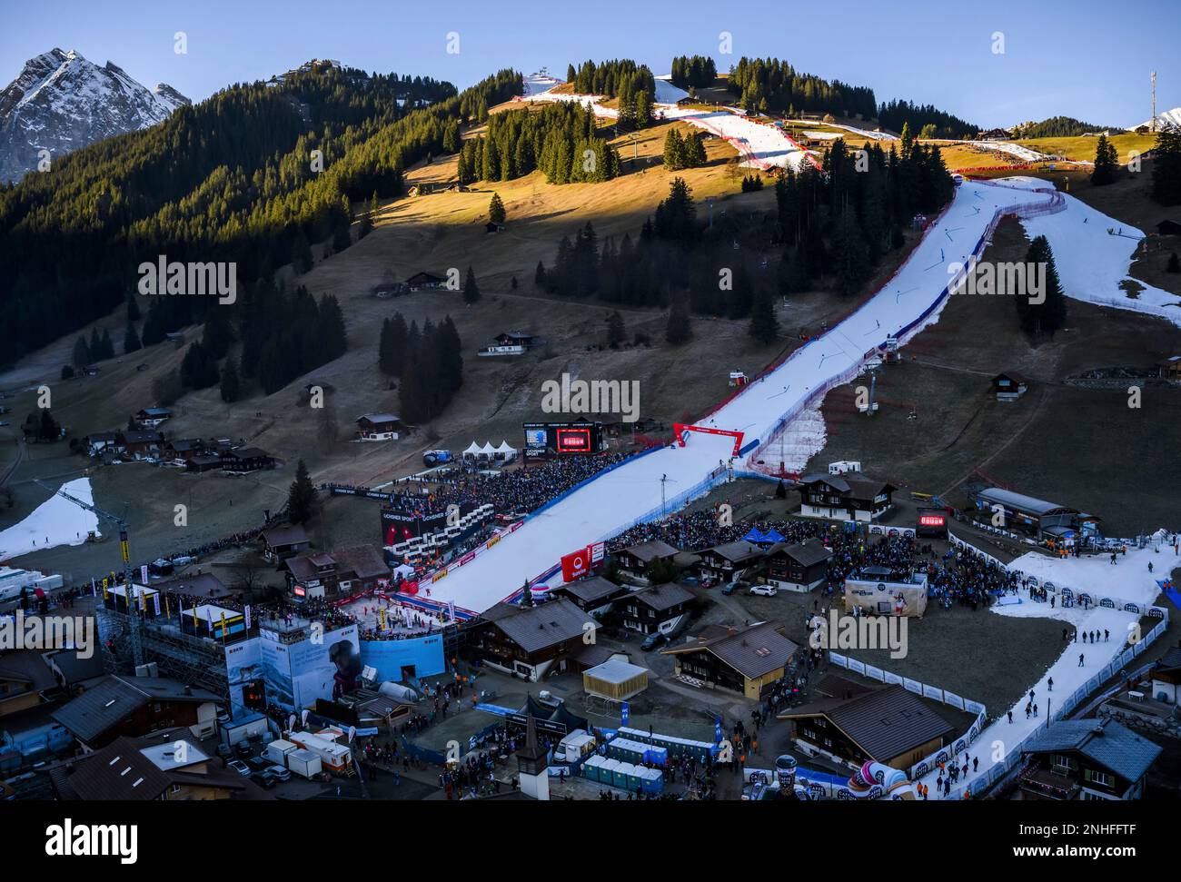A aerial view of the race track before the first run of the men's giant ...