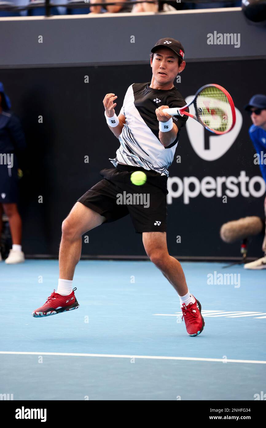 ADELAIDE, AUSTRALIA - JANUARY 07: Yoshihito Nishioka of Japan plays a ...