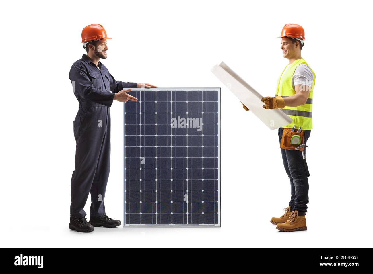 Worker presenting a solar panel to a contractor isolated on white ...