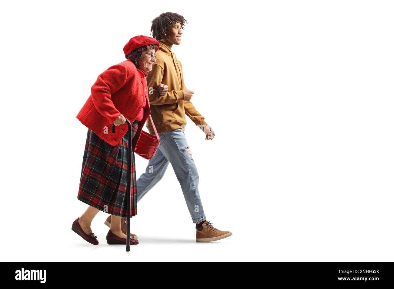 Young african american man holding a caucasian senior woman under arm ...