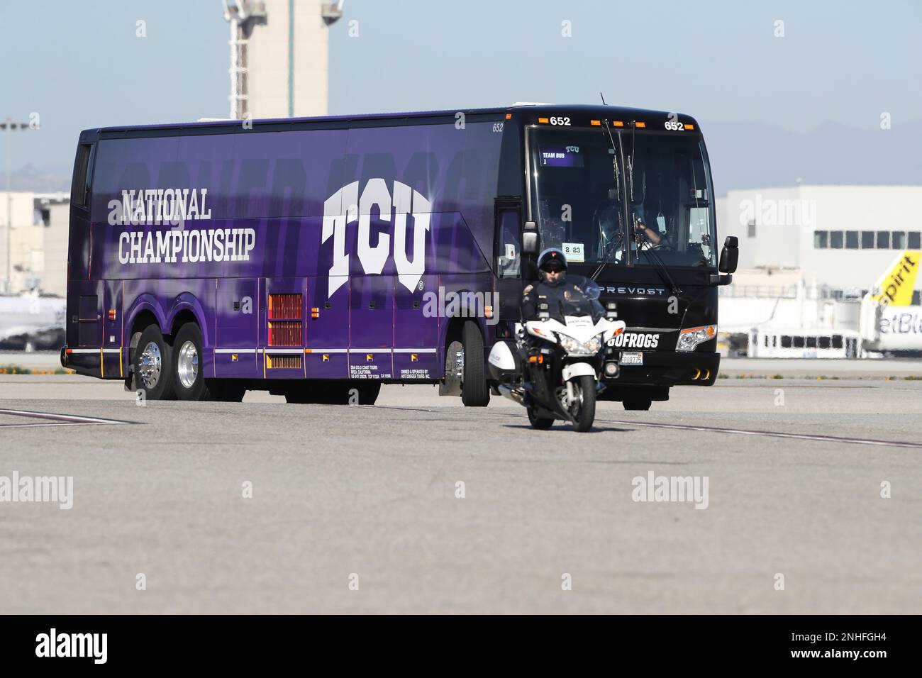 LOS ANGELES, CA - JANUARY 06: The TCU team bus arrives as the teams ...