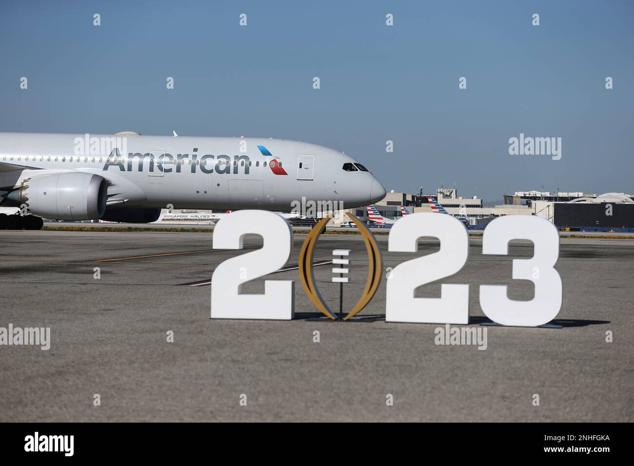 LOS ANGELES, CA - JANUARY 06: American Airlines jet carrying the TCU ...
