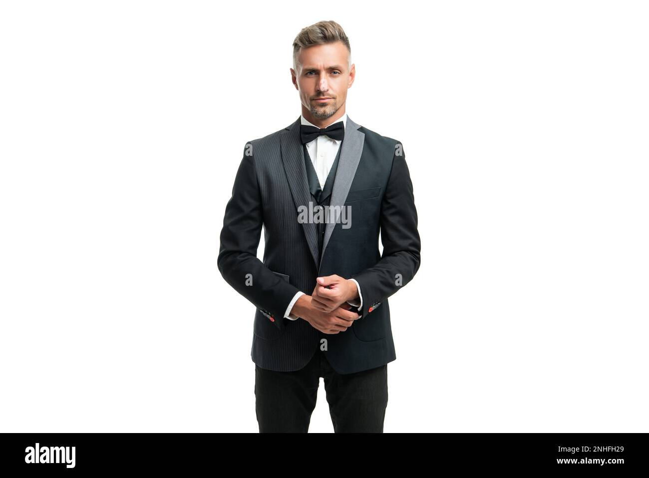 handsome man in suit and bow tie. businessman isolated on white. boss ...
