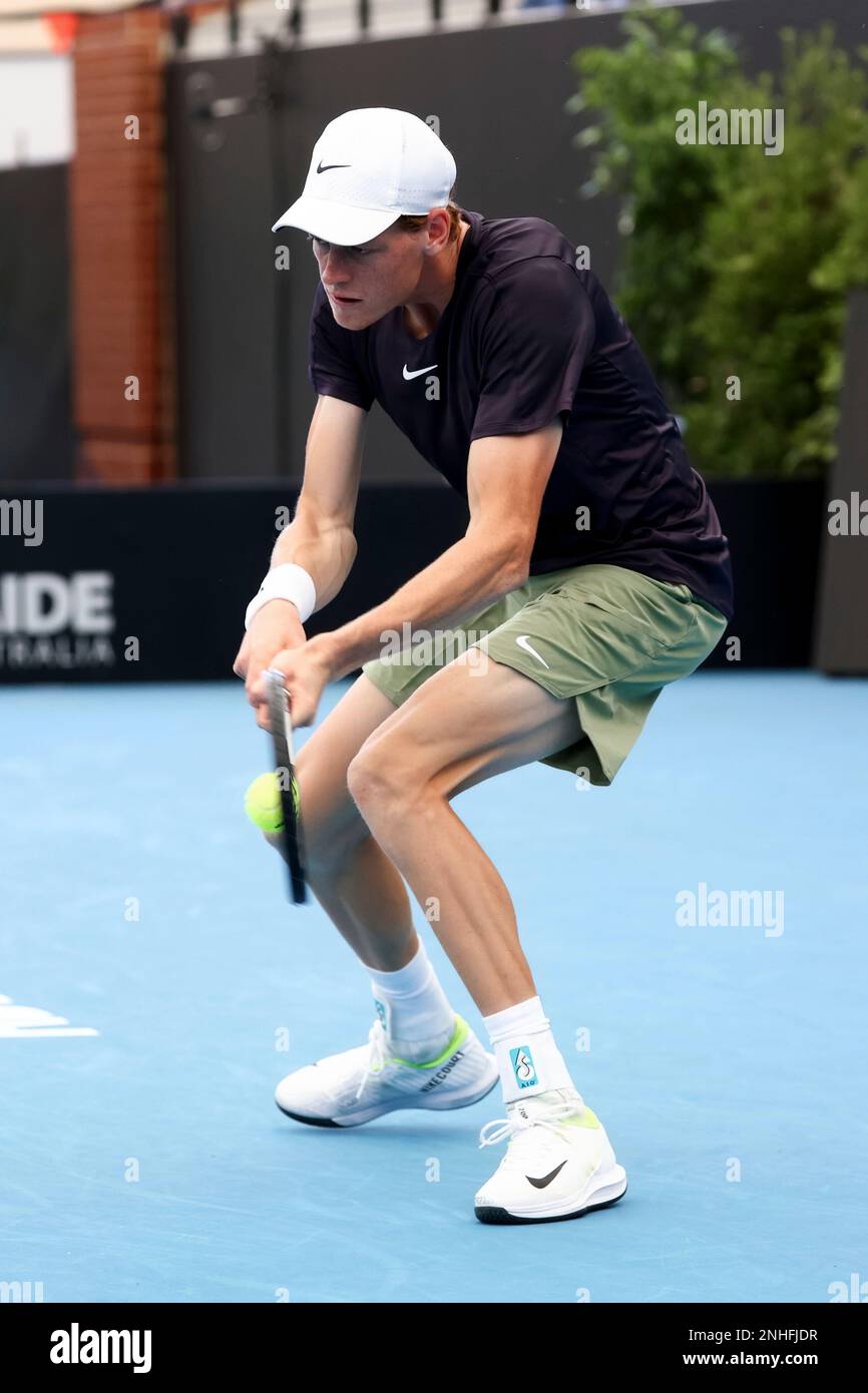 ADELAIDE, AUSTRALIA - JANUARY 06: Jannik Sinner of Italy hits a ...