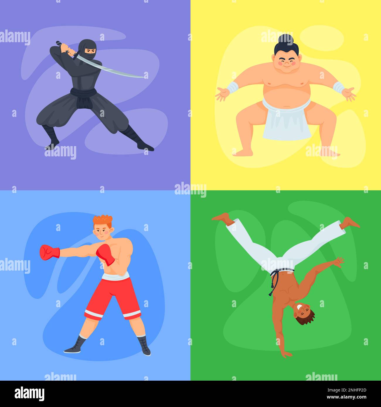 Fighters flat 2x2 compositions set with colorful square backgrounds and doodle characters of ...